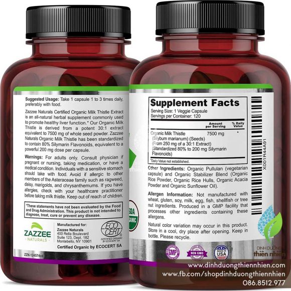 Cây Kế Sữa Hữu Cơ Zazzee USDA Organic Milk Thistle 30:1 Extract Caps ...